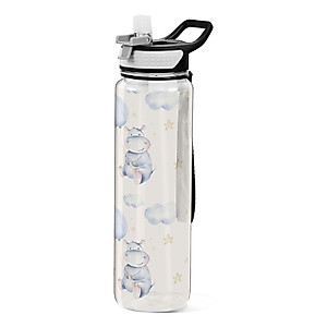FLildon Cloudy Hippo Water Bottle with Straw Lid 32oz Leakproof Clear Gym Water Bottles for Women Men Outdoor Sport Drinking