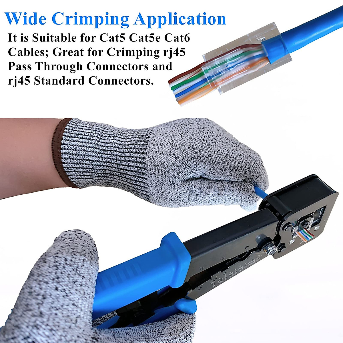 Gaobige rj45 Crimping Tool for Cat6 Cat5e Cat5, Sturdy Crimper for rj45 rj12/11 Pass-Through Connectors with 50pcs rj45 Cat5e Pass-Through Connectors, 50pcs Covers, Wire Stripper; Network Cable Tester