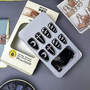 Halloween Press On Nails Almond, Glue on Nails with Spide Ghost Bat Pattern, Black Coffin Fake Nails Stick on Nails, Includes Prep Pad, Mini File, Cuticle Stick, Glue, Jelly Glue and 24 Fake Nails