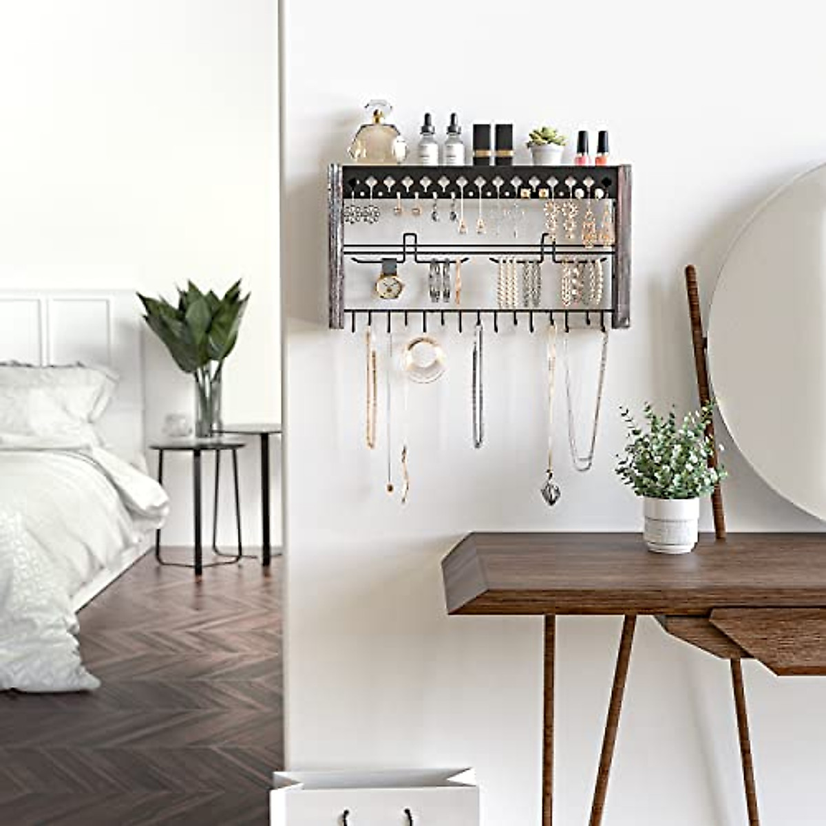 JackCubeDesign Rustic Wood Wall Mount Jewelry Organizer with Metal Hooks for Necklaces, Ring, Earrings (Rustic White) - MK460B