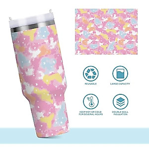 Emelivor Clouds Stars Pink 40 oz Tumbler with Lid and Straw Insulated Tumblers with Handle Travel Coffee Mug Cup Large Water Bottles Cup for Women Men Sports Gym