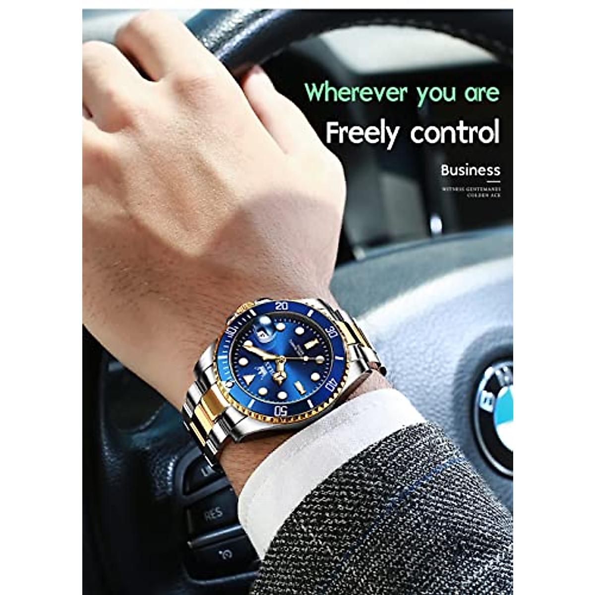OLEVS Mens Watch Stainless Steel Big Face Blue Casual Dress Wrist Watch Quartz Analog Day Date Waterproof Luminous