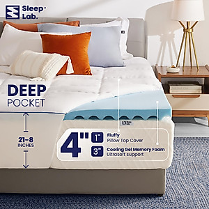 Sleep Lab Dual Layer 4 Inch Memory Foam Mattress Topper - Queen Mattress Topper - Cooling Mattress Topper for Back Pain - 3 Inch Cooling Gel Memory Foam, Ultrasoft Support + 1 Inch Fluffy Pillow Top