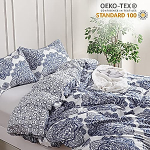 PHF Washed Duvet Cover Set King Size, 3PCS Boho Stylish, Ultra Soft Comfy Durable Paisley Comforter Duvet Cover Set with Pillow Shams Bedding Collection, 104" x 90", Royal Blue & White