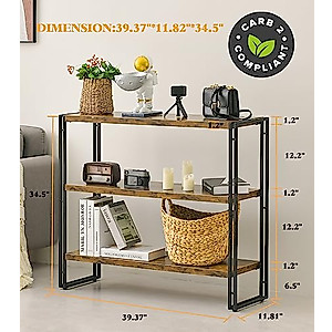 Bookshelf,3-Tier Open Bookcase,Rustic Wood and Metal Industrial Display Book Shelves Home Office,Bedroom Standing Shelf Unit,Horizontal Kitchen Shelf Organizer,Bathroom Storage Rack Mid Century 40in