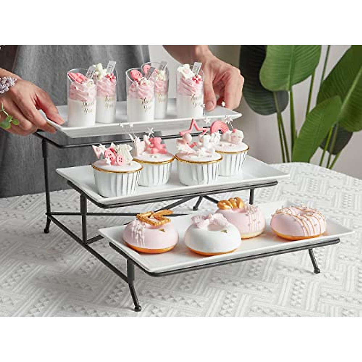 ONEMORE 3 Tier Serving Tray, Tiered Tray Stand for Party Entertaining Collapsible Sturdier Rack with 12" White Rectangular Ceramic Serving Platters for Fruit Cupcake Food Dessert Table Display Set