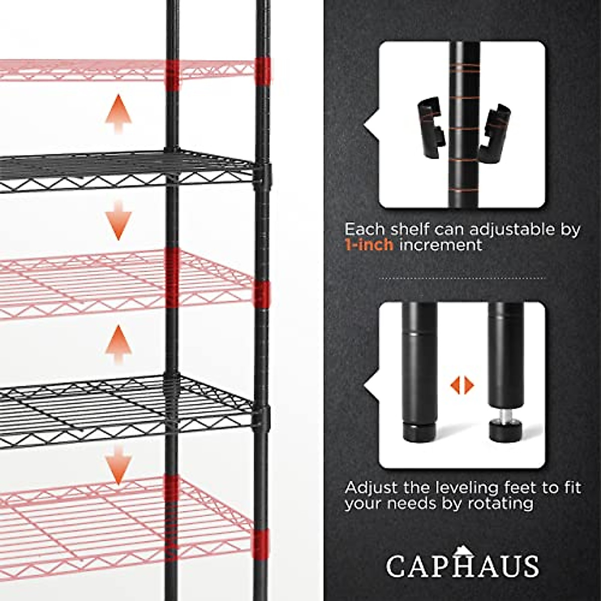 CAPHAUS 4-Tier Adjustable Height Wire Shelving Unit, Wire Rack Shelving, Metal Steel Storage Shelves, Garage Shelving Storage Organizer, Utility Storage Shelf, Without Wheels, Black