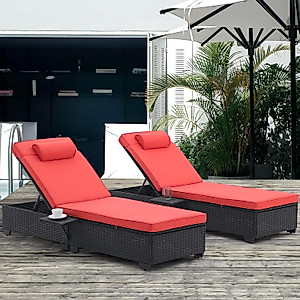Chaise Lounge Chairs for Outside, 5-Speed Adjustable Patio PE Rattan Lounge Chairs with Cup Holder and Cushions, Outdoor Reclining Chair Set of 2 for Poolside Beach Yard (Orange Red)