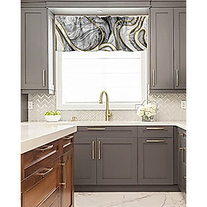 WARM TOUR Curtain Valance for Windows White Gray Abstract Marble Kitchen Valances Rod Pocket Short Curtains,Gold Foil Line Art Window Treatment Panel for Living Room Bathroom Bedroom 60x18in