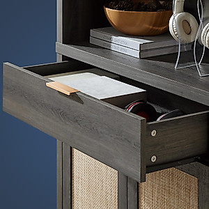 OAKHAM HOME Hampstead Bookcase, Rattan Bookcase with Doors Cabinet and Drawer, 5-Tier Bookshelf, Large Wooden Book Case, Tall Bookshelves for Library Living Room (Midnight Oak, 1 Piece)