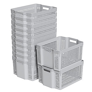 Wakikini 12-Pack Plastic Deep Storage Basket, Large Plastic Stackable Baskets, Gray