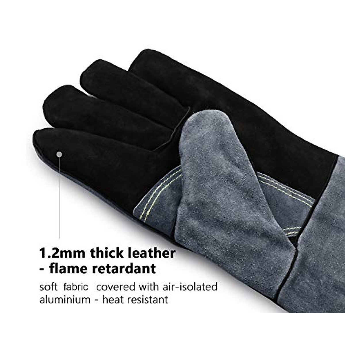 OZERO 932°F Heat Resistant Welding Gloves 16 inches Cowhide Leather - Long Sleeve and Insulated Lining BBQ Glove for Tig Welder/Mig/Grill/Barbecue/Green Egg/Stove Black-gray