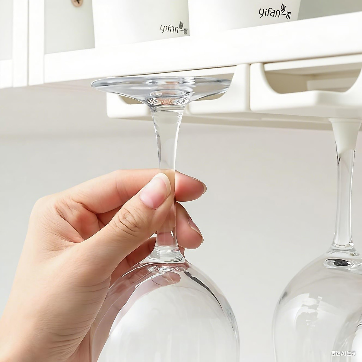 Riipoo Wine Glass Holder Under Shelf, Wine Glass Rack Under Cabinet, No Drill & Screws Stemware Rack for Bar Kitchen, 2-Pack, White