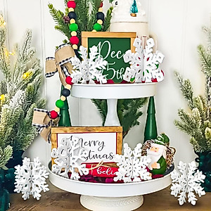 OuMuaMua 12 Set Winter Christmas Centerpiece Table Decorations - 24pcs Wooden Snowflakes Decor 3D White Snowflake Tabletop Decor for Xmas Holiday Tiered Tray Desk Winter Farmhouse Home Decor