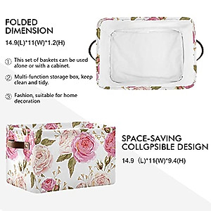 AGONA Spring Pink Rose Floral Flower Foldable Storage Bin Large Collapsible Fabric Storage Box Organizer Containers Baskets with Leather Handles for Shelves Home Bedroom Organizer Nursery Office 2 Pac