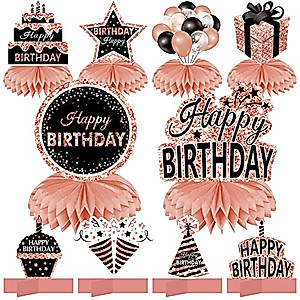 10Pcs Rose Gold Birthday Decorations Honeycomb Centerpieces for Girls Women, Rose Gold Black Happy Birthday Table Centerpieces Party Supplies,16th 18th 21st 30th 40th 50th 60th Bday Table Topper Decor