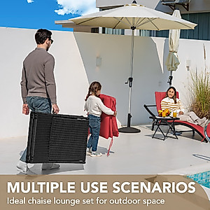 Devoko Patio Chaise Lounge Sets Outdoor Rattan Adjustable Back 3 Pieces Cushioned Patio Folding Chaise Lounge with Folding Table (Red)