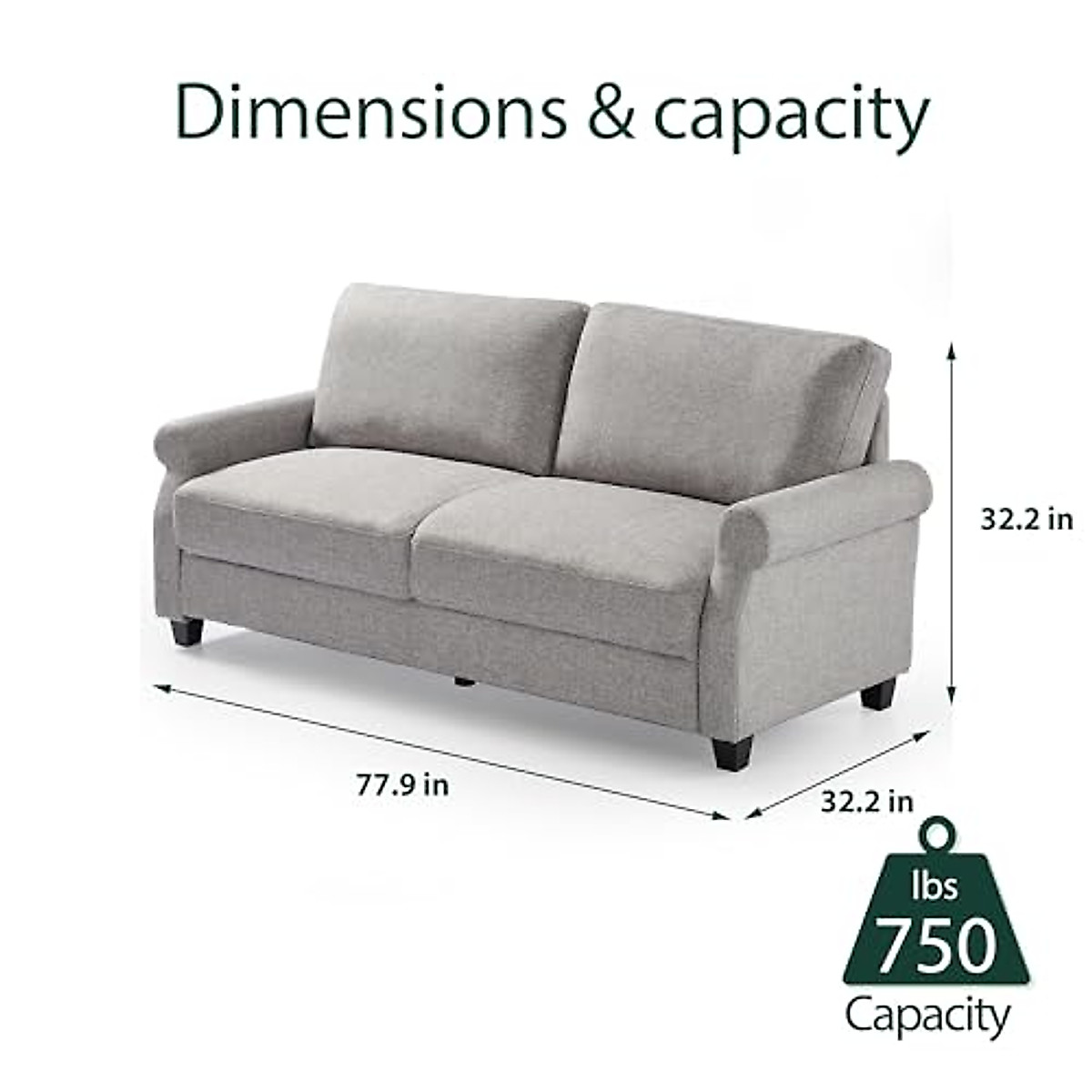 ZINUS Josh Sofa Couch, Easy, Tool-Free Assembly, Soft Grey