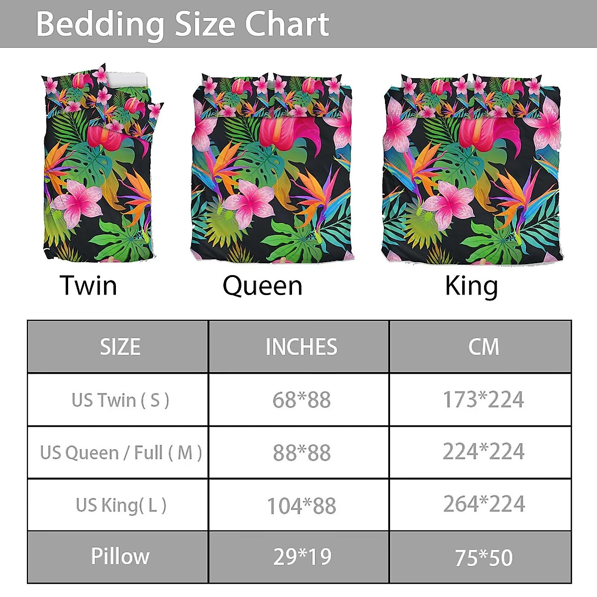 gearider Hawaiian Plant Pattern Black Bedding Set of 3, Ultra Soft Tropical Plumeria Floral Leaves Duvet Cover Set with Zipper Closure - Size Queen