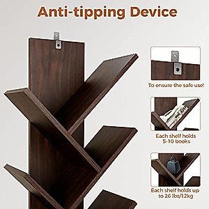 Tree Bookshelf, 8 Shelf Tree Bookcase, Space Saving Storage Rack for CDs/Movies/Books, Book Tree Organizer Shelves for Living Room, Bedroom, Office, Maxi Load 26lbs(/Tier)