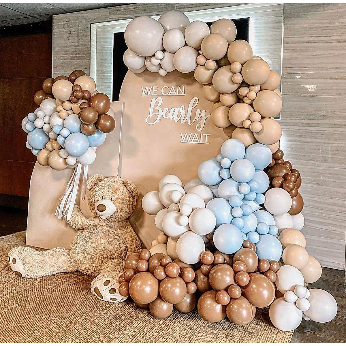 Blue Brown Nude Balloon Garland Double Stuffed Dusty Blue Coffee Pastel Balloon Kit for Teddy Bear Baby Shower Boy Birthday Gender Reveal Boho Theme Party Decorations