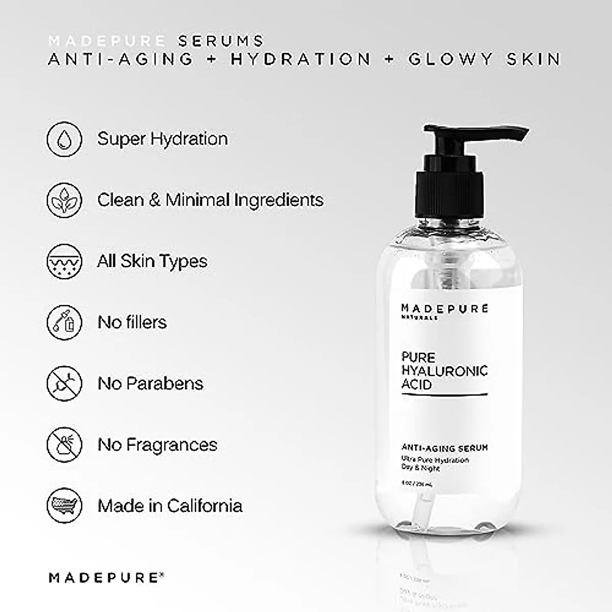 Madepure Pure Hyaluronic Acid Serum for Face | Anti-Aging Plumping Face Serum | Pairs Well with Vitamin C & Retinol Serum | Fragrance Free (1oz Dropper)