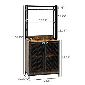 HOMCOM Kitchen Bakers Rack, Microwave Stand, Coffee Bar with Adjustable Shelves, 4 Hooks for Spices, Pots and Pans, Rustic Brown
