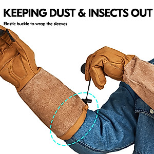 Vgo... Safety Work Gloves Men, Extended Pig Split Leather Cuff,Synthetic Leather, Rose Pruning Thorn Proof,Gardening(1 Pair,Size M, Brown,SL6592M)