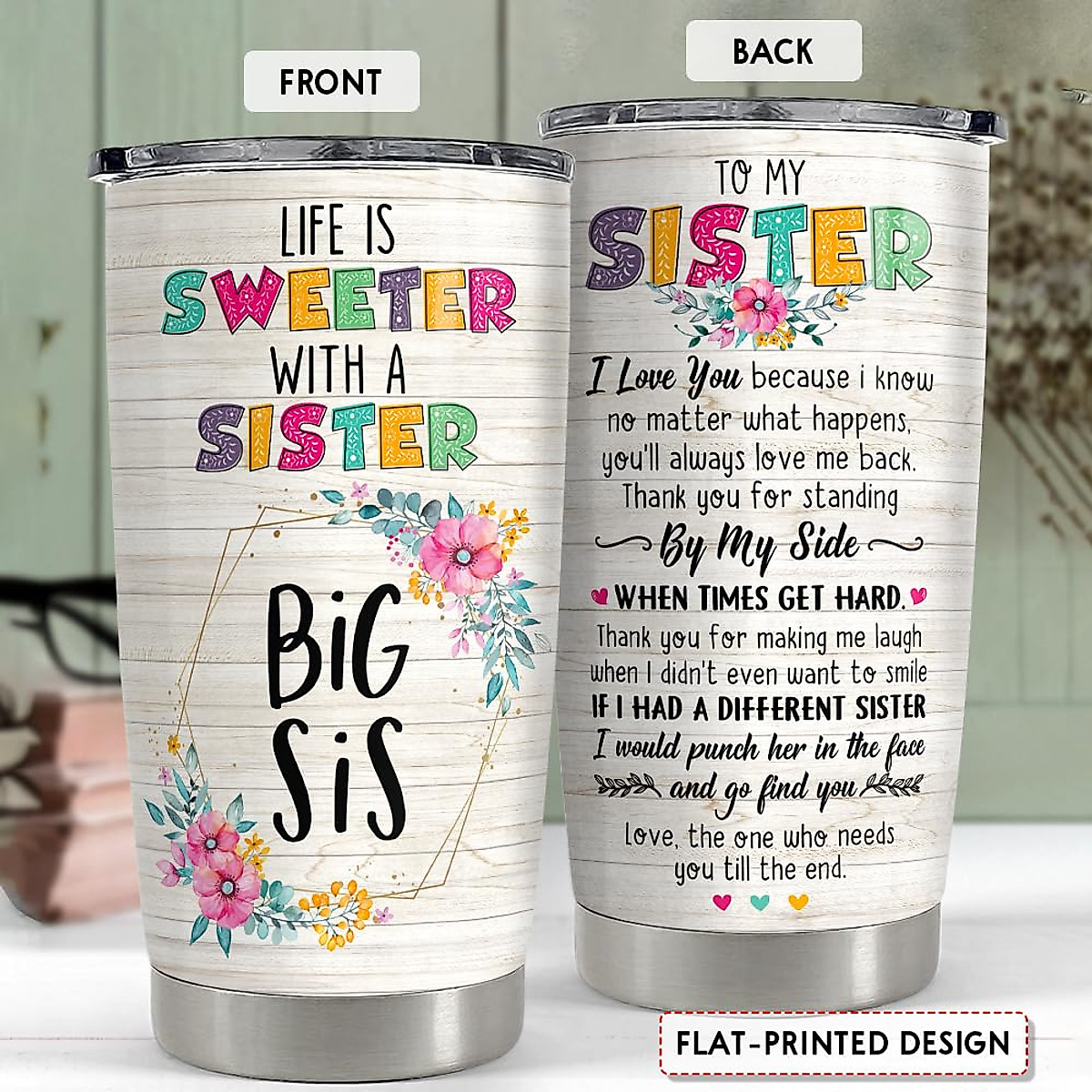 SANDJEST Sister Birthday Gifts from Sister Tumbler Life is Sweeter with a Sister Big Sister- 20oz Stainless Steel Insulated Travel Mug for Sissy Christmas Tumblers Gifts from Brothers, Sisters