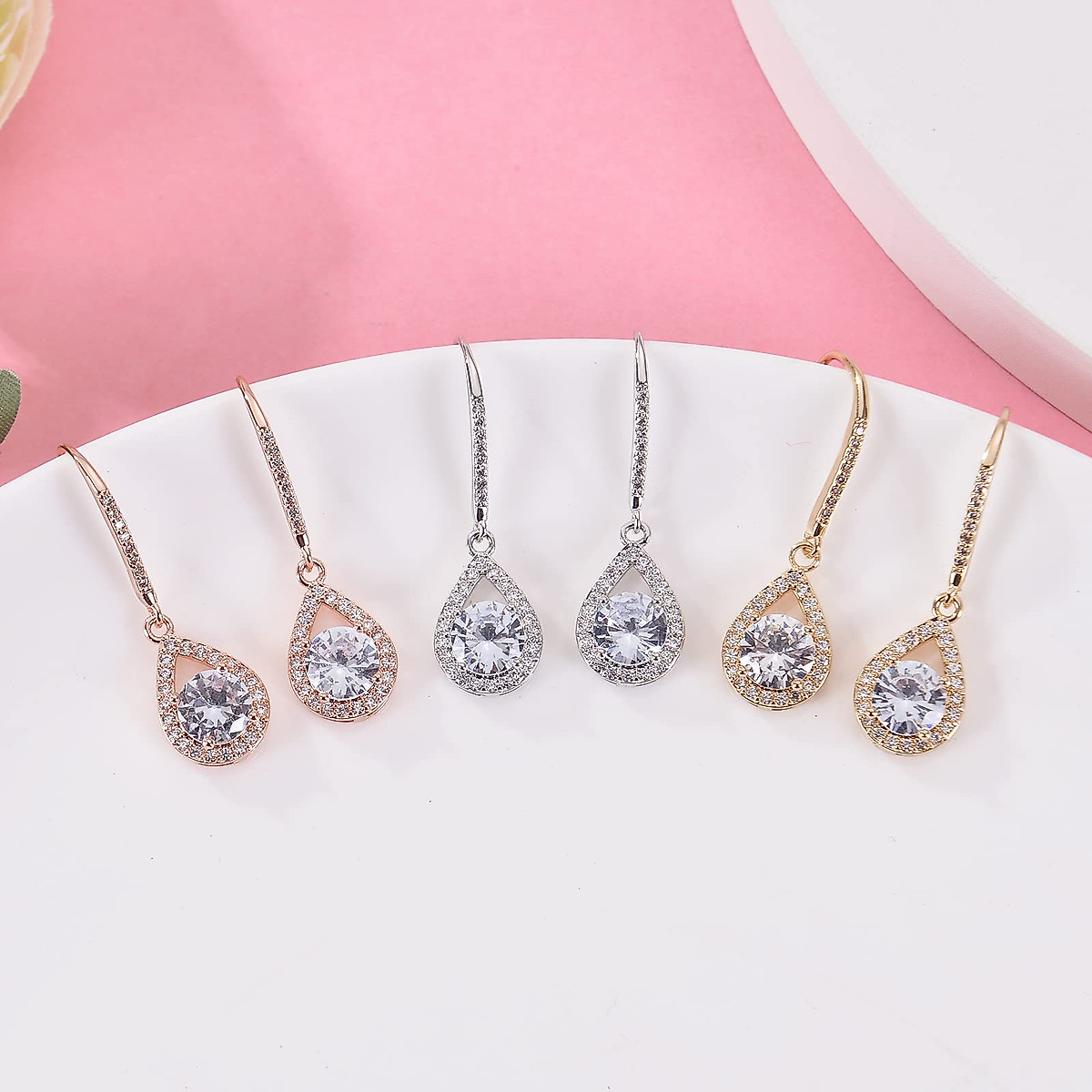 DHQH 4/6 Pairs Bridesmaids Proposal Gift Bridesmaids Earrings Classic Cubic Zirconia Teardrop Dangle Earrings for Women I Couldn’t Tie a Knot Without You Wedding Jewelry Gifts