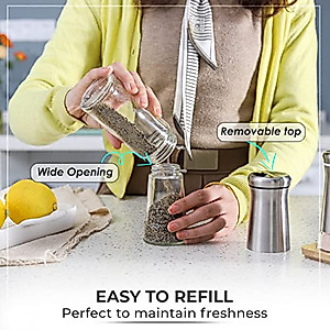 Pepper Shaker or Salt Shaker with Adjustable Pour Holes - Elegant Stainless Steel Spice Dispenser - Perfect for Himalayan, Table Salt, White and Black Pepper (Pepper Shaker)