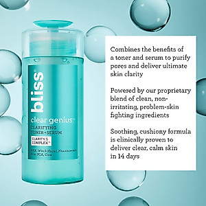 Bliss Clear Genius Clarifying Toner + Serum - 4.3 Fl Oz - Purifies Pores, Tones, Calms & Clears Skin - Salicylic Acid, Niacinamide & Witch Hazel - Clean Paraben Free - Vegan & Cruelty-Free