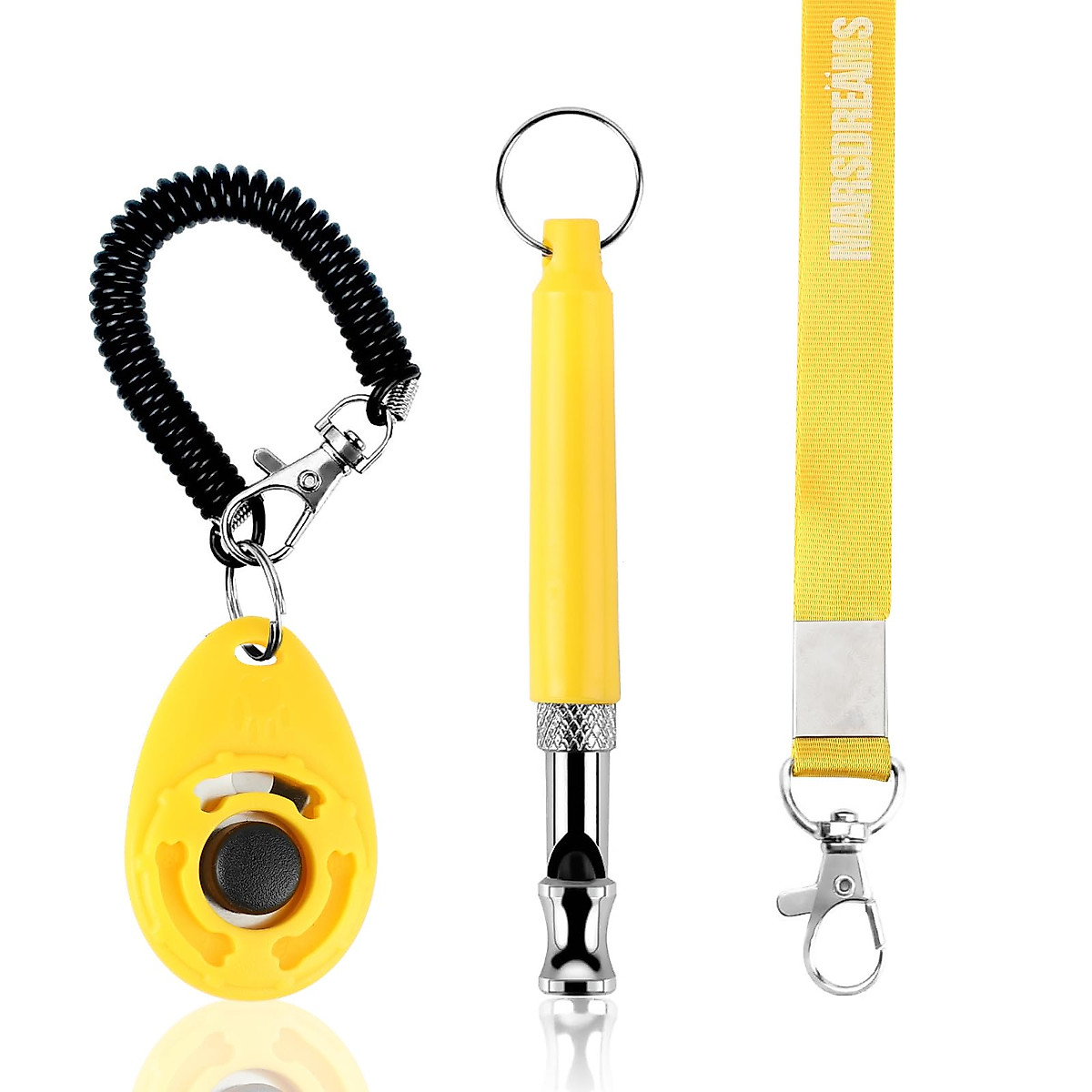 MARSDREAMS Pet Training Clicker, Whistle -Training Behaviour Aids Accessories for Puppies with Lanyard - Barking Control Device - Long Range Adjustable Frequency - Pack of 3 - Yellow (Yellow)