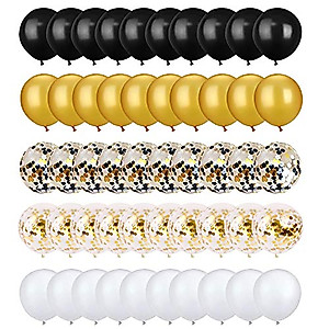 72 Pack Black Gold Confetti Balloons Kit, 12 Inch Black Gold White Balloons and Gold Confetti Balloons with Balloon Ribbons for Graduation Birthday Wedding Baby Shower Party Decorations