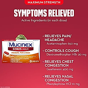 Mucinex Maximum Strength Sinus-Max Pressure, Pain & Cough Caplets, 20 ct, Relieves Minor Aches and Pains, Headache, Chest Congestion, Nasal Congestion, Sinus Pressure, and Controls Cough
