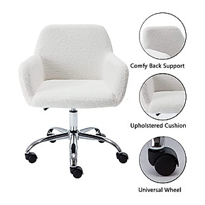 Goujxcy Fluffy Desk Chair, Faux Fur White Vanity Chair Swivel Office Chair for Girls Women, Height Adjustable Cute Teddy Furry Makeup Chairs for Bedroom Home Office
