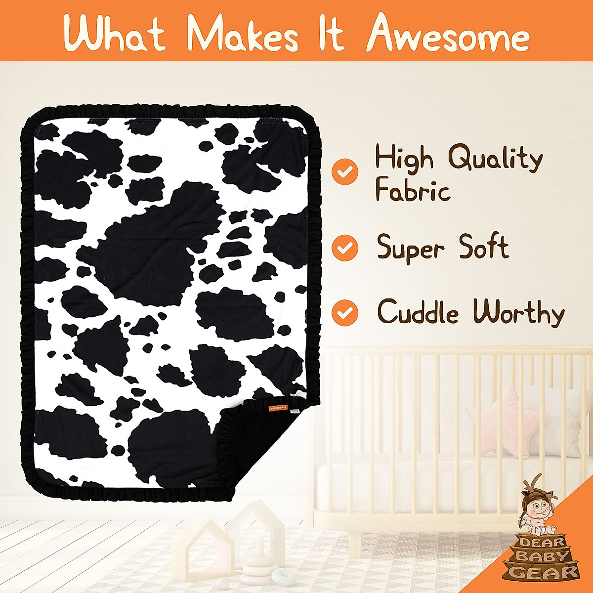 Dear Baby Gear Custom Print Baby Blanket - Double Layer Infant Blanket - Toddler Blankets - Great Size for a Crib, Stroller or Car Seat - Nursery Bedding - Holstein Cow, Black, Ruffles, 43" x 33"