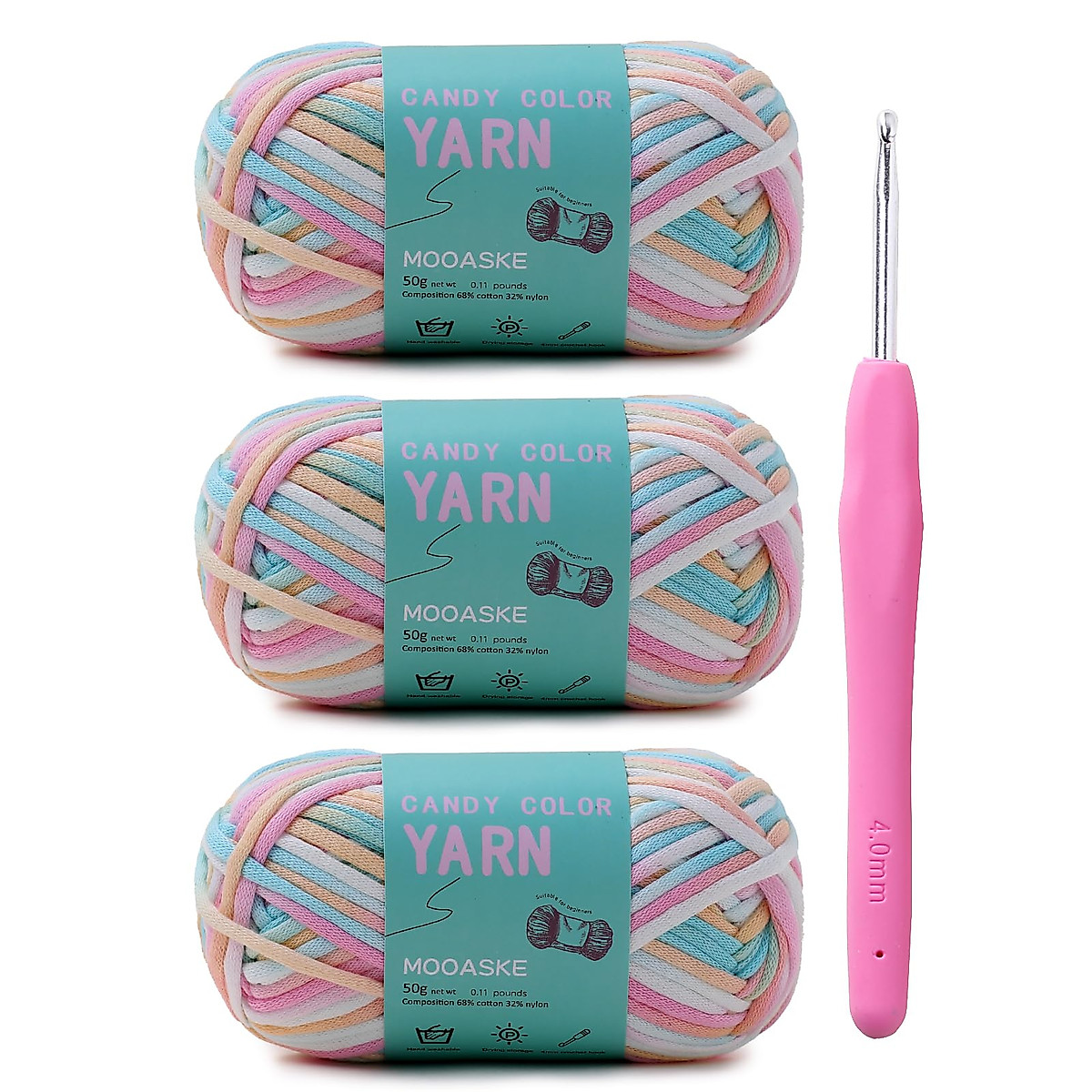 Mooaske 3 Pack (3 x 50g) Crochet Yarn with Crochet Hook - Worsted Medium Yarn for Crocheting - Easy-to-See Stitches Cotton-Nylon Blend Beginner Knitting Yarn for Adults and Kids