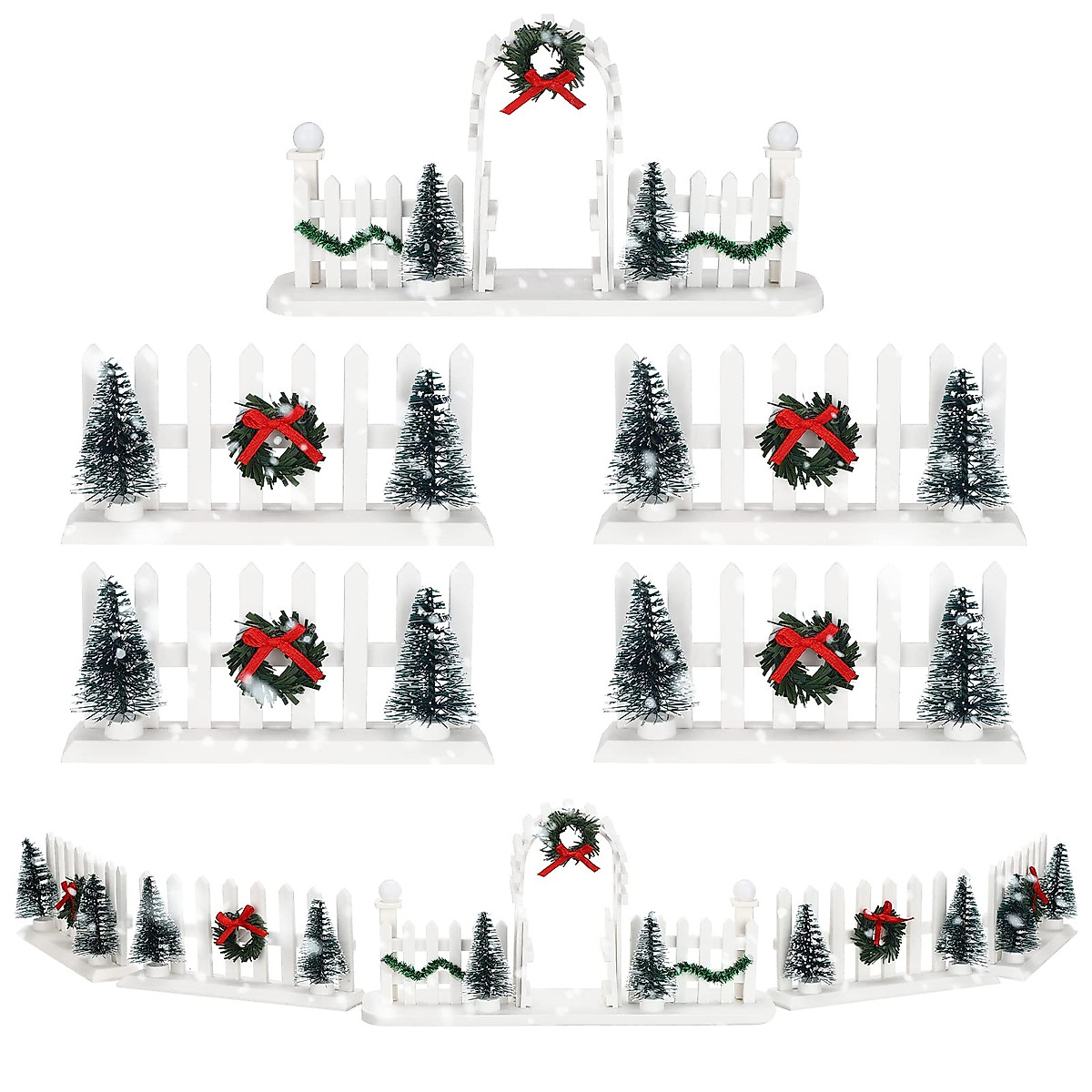 5 Pcs Christmas Village Decorative Fences Entry Gate Lit Figurine Christmas Wreath Tree Picket Fence Snow Accessories for Village Collections Snow Fence Figurine（White Series）