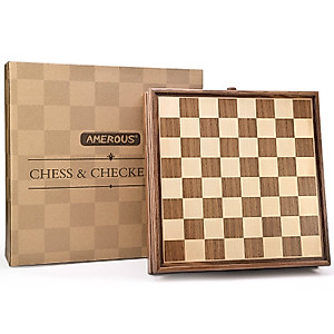 AMEROUS 15" x 15" Wooden Chess & Checkers Set with Built-in Storage Drawers/Weighted Chess Pieces / 2 Bonus Extra Queens / 24 Cherkers Pieces/Classic 2in1 Board Games for Kids, Adults