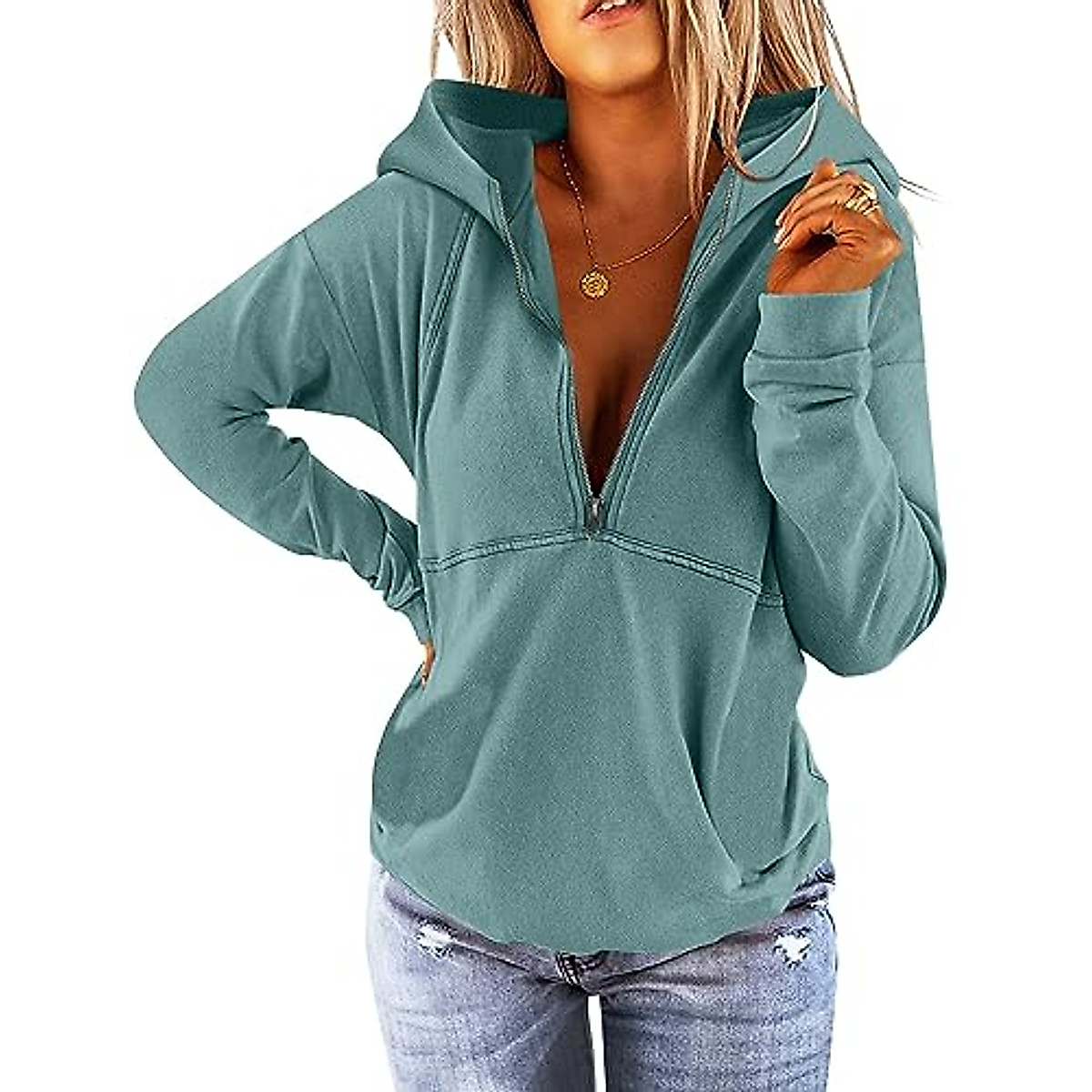 PGANDS Women's Hoodies Half Zip Fleece Sweatshirts Long Sleeve Lined Collar Zipper Loose Casual Hooded Pullover Tops Teal