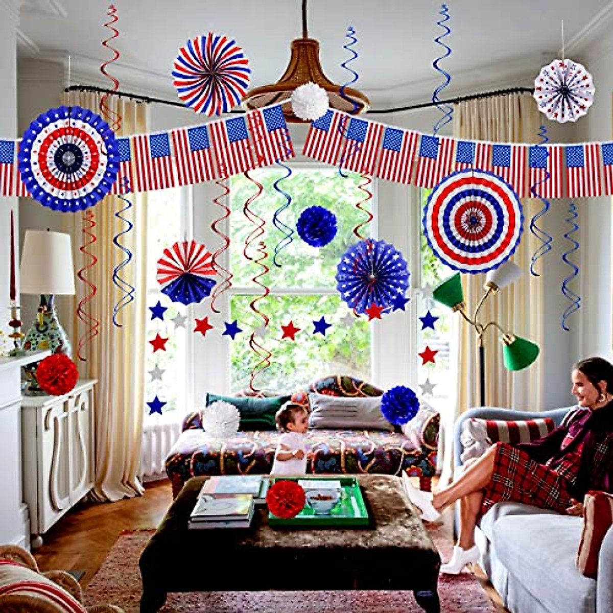 26Pcs Patriotic Party Decorations 4th of July Decor Set - USA Flag String Red White Blue Paper Fans Star Streamer Pom Poms Hanging Swirls for Labor Day,Veterans Day,Presidents Day,Flag Day