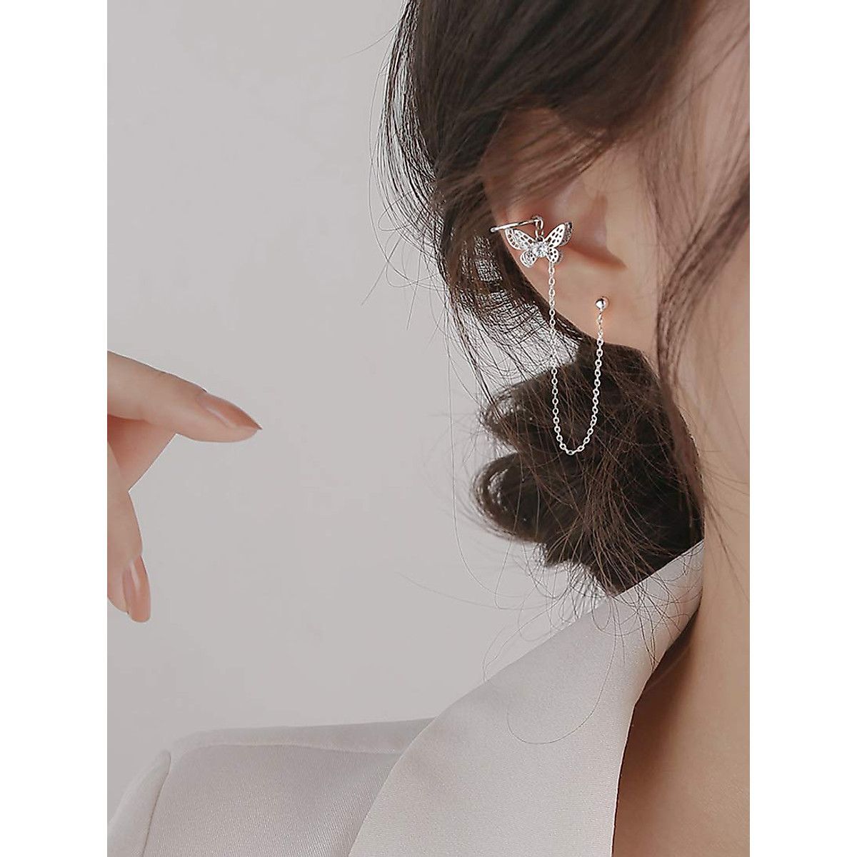 SLUYNZ 925 Sterling Silver Elegant Butterfly Cuff Earrings Chain for Women Butterfly Earrings Crawler Earrings Wrap (A-Silver)