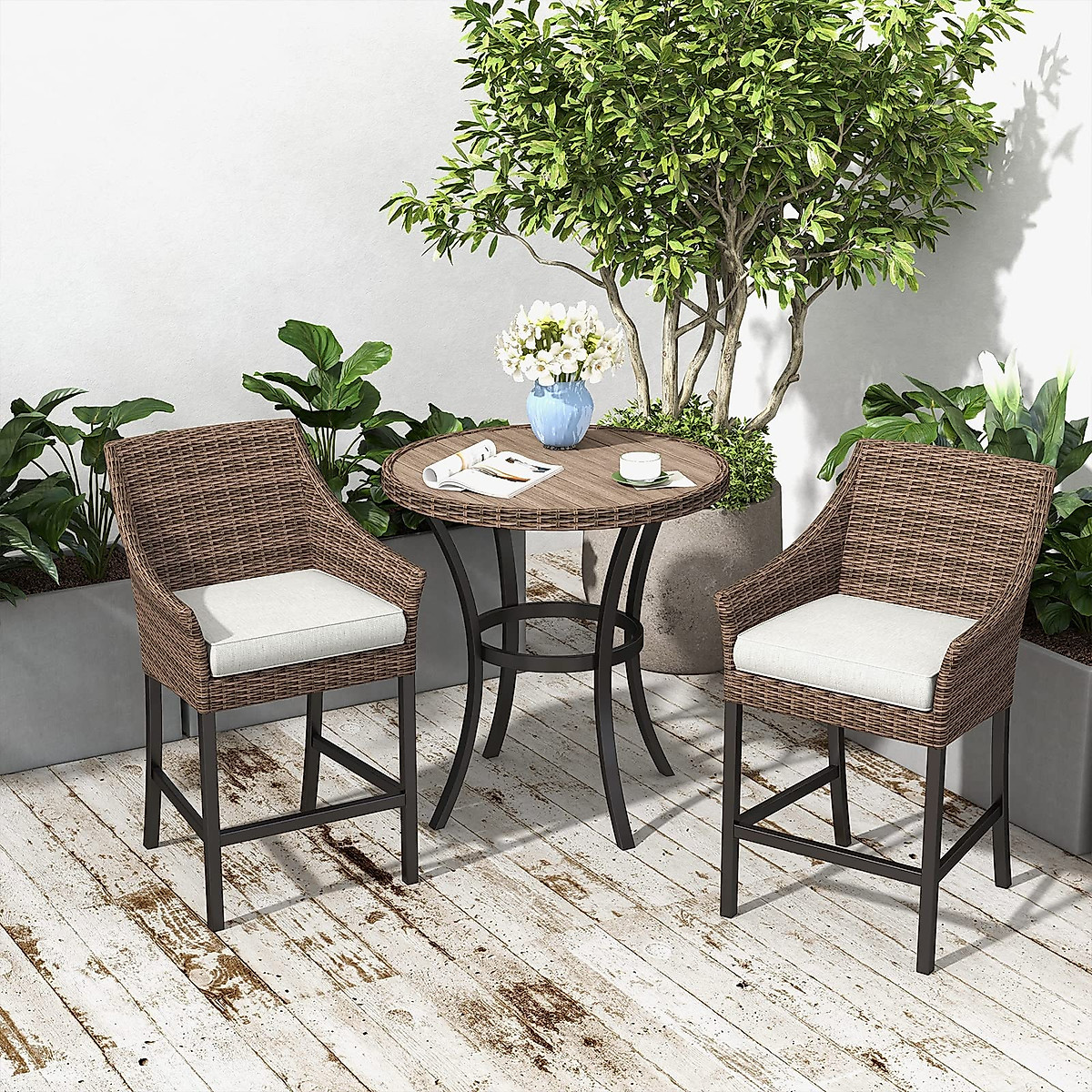 Grand patio 3-Piece Patio Bar Set, Outdoor Wicker Bar Stools Set with Olefin Cushions and Faux-Wood Table Top,Bar Table and Chairs Set for Garden,Backyard,Traditional American Style-Brown