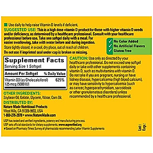 Nature Made Extra Strength Vitamin D3 5000 IU (125 mcg), Dietary Supplement for Bone, Teeth, Muscle and Immune Health Support, 360 Softgels, 360 Day Supply