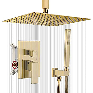 Iriber Champagne Bronze Ceiling Mount Rain Shower System with 12 Inch Shower Head and Handheld Bathroom Brushed Golden Shower Set Contain Shower Faucet Mixer Brush Gold Trim Kit (Valve Included)