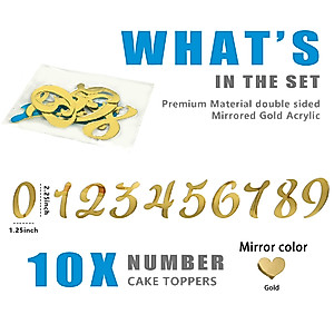Acrylic Number Cake Topper DIY Cupcake Toppers with 0-9 Numbers Mirrored Gold Picks for Wedding Cake Decorations Happy Birthday Baby Shower Party Supplies (Number)