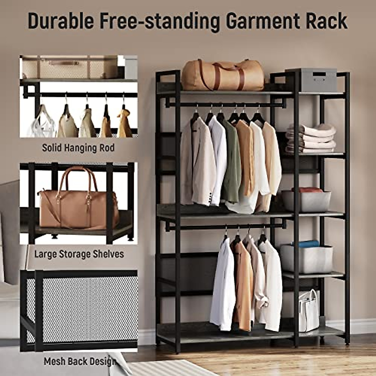 MAISONPEX 700LBS Capacity Garment Rack with Metal Shelves, Heavy Duty Clothing Rack Storage with 2 Hanging Rods, Free Standing Wardrobe Closet Organizer for Bedroom
