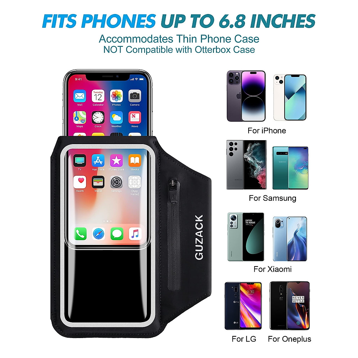 Phone Holder Running Armband for iPhone 15 14 13 12 Pro Max/Plus, with Zipper Pouch for Earphone Key & Card Slot, Gym Running Workouts Exercise Phone Arm Band for Android Samsung for 6.8" Phones
