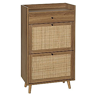SSLine Shoe Cabinet with 2 Flip Down Storage Shelves and Drawer Free-Standing Shoe Rack Rustic Walnut Wood Shoe Storage Organizer with Unique Rattan Door for Entryway Hallway Doorway Small Space